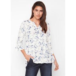 Druckbluse bonprix, Damen, Gr. 52/54 (XXL), wollwei&szlig; floral, Web, Obermaterial: 50% Baumwolle, 50% Viskose, bedruckt, gebl&uuml;mt, ausgestellt Po-bedeckend, Rundhals, Volant, Blusen Druckbluse, ausgestellte Passform, 3/4-&Auml;rmel, f&uuml;r Fr&uuml;hling und Sommer