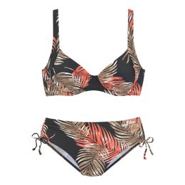 B&uuml;gel-Bikini Lascana, Damen, Gr. 40, Cup F, schwarz (schwarz, bedruckt), Recycling-Polyamid, bedruckt, Bikini-Sets B&uuml;gel-Bikini, mit plakativem Bl&auml;tter-Print