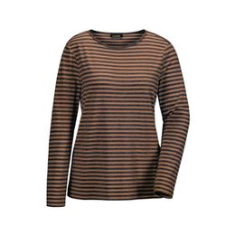 Longpullover GOLDNER "Ringelshirt mit U-Boot-Ausschnitt", Damen, Gr. 44, schwarz (schwarz, milchkaffee, geringelt), Obermaterial: 92% Viskose CV. 8% Elasthan EL., Sonstiges, Pullover Longpullover, Ohne