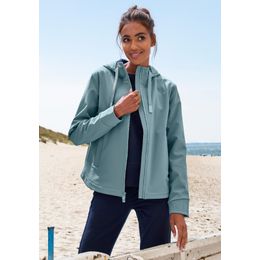 Softshelljacke ELBSAND, Damen, Gr. XL/42, cyanblau, Web, Obermaterial: 85% Polyester, 15% Elasthan. Futter: 100% Polyester, h&uuml;ftlang, Jacken Softshelljacke, mit verstellbarer Kapuze