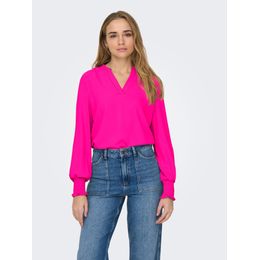 Blusenshirt Only "ONLMETTE V-NECK LS SMOCK TOP NOOS WVN", Damen, Gr. M, pink glo, Web, Obermaterial: 100% Polyester, unifarben, regular fit normal, V-Ausschnitt, gesmokt, Shirts Blusenshirt, Kunstfaser, regular fit