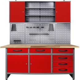 Werkstatt-Set ONDIS24 "Karsten", rot (rot, grau), B:160cm H:205cm T:60cm, Metall, Werkb&auml;nke, 160 cm, mit LED Touch-Lampen, inkl. Hakenset