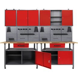 Werkstatt-Set ONDIS24, rot (anthrazit, rot), B:240cm H:205cm T:60cm, Metall, Werkb&auml;nke, 2x Werkbank, 2x Werkstattschrank, 2x Lochwand