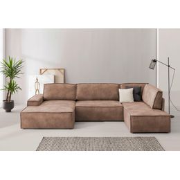 Wohnlandschaft Home Affaire "SHERWOOD U-Form, 329 cm - OTTO. Verl&auml;ssliche Qualit&auml;t.", braun (cognac), B:329cm H:85cm T:195cm, 100% Polyester, Sofas, Wohnlandschaft, Schlaffunktion m. Bettkasten (194x139 cm), Cord, Vintage, Samtvelours