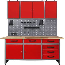 Werkstatt-Set ONDIS24, rot (anthrazit, rot), B:160cm H:205cm, Massivholz, Metall, Werkb&auml;nke, 160 cm