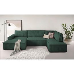 Wohnlandschaft Home Affaire "SHERWOOD U-Form, 329 cm - OTTO. Verl&auml;ssliche Qualit&auml;t.", gr&uuml;n (dunkelgr&uuml;n), B:329cm H:85cm T:195cm, 100% Polyester, Sofas, Wohnlandschaft, Schlaffunktion m. Bettkasten (194x139 cm), Cord, Vintage, Samtvelours