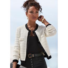 Strickjacke Lascana, Damen, Gr. 36/38, schwarz (creme, schwarz), Strick, Obermaterial: 37% Polyester, 36% Polyacryl, 22% Baumwolle, 5% Elasthan, unifarben mit Farbeinsatz, figurbetont taillenbedeckt, Rundhals, kontrastfarben, Strickjacken Strickjacke, mit dezentem Lurexgarn, Kontrastb&uuml;ndchen, casual-chic, elegant, Topseller