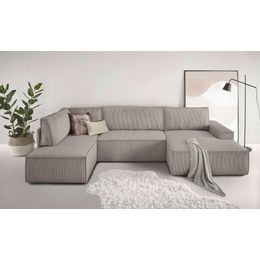 Wohnlandschaft Home Affaire "SHERWOOD U-Form, 329 cm - OTTO. Verl&auml;ssliche Qualit&auml;t.", greige, B:329cm H:85cm T:195cm, 100% Polyester, Sofas, Wohnlandschaft, Schlaffunktion m. Bettkasten (194x139 cm), Cord, Vintage, Samtvelours