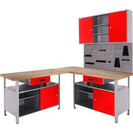 Werkstatt-Set ONDIS24, rot (rot, anthrazit), B:120cm H:205cm T:60cm, Metall, Werkb&auml;nke, mit 2 Werkb&auml;nken, Werkzeugschrank & Lochwand