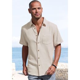 Beach Time Kurzarmhemd BEACHTIME "Regular fit", Herren, Gr. M (39/40), N-Gr, beige, Web, Obermaterial: 100% Baumwolle, unifarben, regular fit, Rundhals, abgesteppte Kante, Hemden Kurzarmhemd, Kurzarm, Freizeithemd aus Musselin-Ware