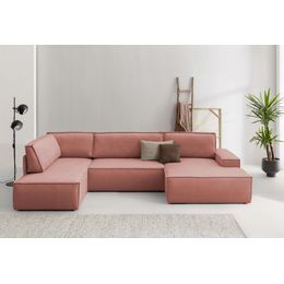 Wohnlandschaft Home Affaire "SHERWOOD U-Form, 329 cm - OTTO. Verl&auml;ssliche Qualit&auml;t.", rot (coral), B:329cm H:85cm T:195cm, 100% Polyester, Sofas, Wohnlandschaft, Schlaffunktion m. Bettkasten (194x139 cm), Cord, Vintage, Samtvelours