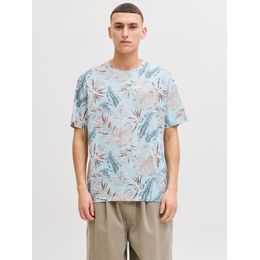 Jack & Jones Rundhalsshirt JACK & JONES "JJHONOLULU AOP TEE SS CREW NECK", Damen, Gr. S, celestial blau, Jersey, Obermaterial: 100% Baumwolle, bedruckt, regular fit normal, Rundhals, Shirts Rundhalsshirt, Baumwolle, regular fit