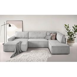 Wohnlandschaft Home Affaire "SHERWOOD U-Form, 329 cm - OTTO. Verl&auml;ssliche Qualit&auml;t.", grau (hellgrau), B:329cm H:85cm T:195cm, 100% Polyester, Sofas, Wohnlandschaft, Schlaffunktion m. Bettkasten (194x139 cm), Cord, Vintage, Samtvelours