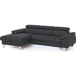 Ecksofa COTTA "Komaris L-Form, B: 244 cm", schwarz, B:244cm H:72cm T:166cm, Microfaser PRIMABELLE (100% Polyester);Kunstleder SOFTLUX(100%Polyurethan);Feinstruktur (100% Polyester);Kunstleder SOFTLUX/Struktur (100%Polyurethan, 90%Polyester, 10% Polyacryl), Sofas, Ecksofa, mit Kopfteilverstellung, optional Bettfunktion, Bettkasten & Licht