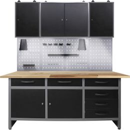Werkstatt-Set ONDIS24, schwarz (anthrazit, schwarz, grau), B:160cm H:205cm T:60cm, Metall, Werkb&auml;nke, 160 cm, mit LED