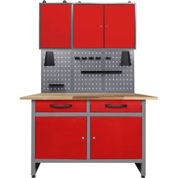 Werkstatt-Set ONDIS24, rot (anthrazit, rot), B:120cm H:205cm, Massivholz, Metall, Werkb&auml;nke, 120 cm, mit Lochwandsystem inkl. Haken