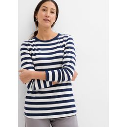 Langarmshirt bonprix, Damen, Gr. 44/46 (L), dunkelblau, wollwei&szlig; gestreift, Jersey, Obermaterial: 100% Baumwolle, geringelt, gestreift, bequem Po-bedeckend, Rundhals, Shirts Langarmshirt, Langarm, Ringel, aus reiner Baumwolle