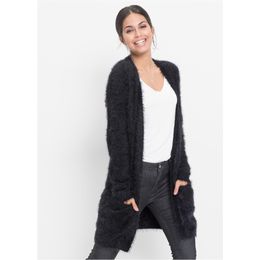 Longstrickjacke bonprix "Longstrickjacke in Flauschoptik", Damen, Gr. 32/34 (XS), schwarz, Obermaterial: 70% Polyamid, 30% Polyacryl, loose fit, Strickjacken Longstrickjacke, lockere Passform, mit flauschiger Optik, eleganter Stil