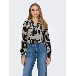 Blusenshirt Only "ONLMETTE V-NECK LS SMOCK TOP NOOS WVN", Damen, Gr. S, moonbeam aop:upscale geo, Web, Obermaterial: 100% Polyester, bedruckt, regular fit normal, V-Ausschnitt, gesmokt, Shirts Blusenshirt, Kunstfaser, regular fit