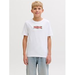 Jack & Jones T-Shirt JACK & JONES JUNIOR "JCOBREEZE BRANDED TEE SS CN FST JNR", Jungen, Gr. 128, hellwei&szlig;, Single Jersey, Obermaterial: 100% Baumwolle, bedruckt, regular fit normal, Rundhals, Shirts T-Shirt
