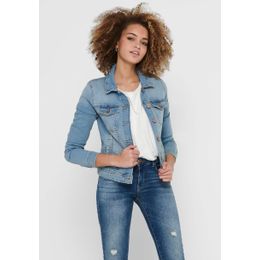 Jeansjacke Only "ONLTIA DNM JACKET LB BEX179 NOOS", Damen, Gr. 34, blau (light blau denim), Denim/Jeans, Obermaterial: 98% Baumwolle, 2% Elasthan, unifarben, sehr figurbetont normal, Manschette, Jacken Jeansjacke, in modischer Waschung
