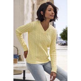 Lascana V-Ausschnitt-Pullover gelb Gr. 40/42 f&uuml;r Damen. Mit V-Ausschnitt. Figurumspielend. Nachhaltig.