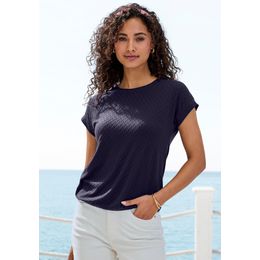Kurzarmshirt Vivance "mit modischem Jacquard-Muster", Damen, Gr. 32/34, blau (navy), Single Jersey, Obermaterial: 63% Polyester, 29% Viskose, 8% Elasthan, unifarben, figurumspielend, Rundhals, Shirts, aus hochwertiger Qualit&auml;t mit Viskose