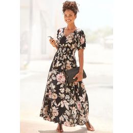 Lascana Maxikleid 'mit Blumendruck und V-Ausschnitt aus Webware' schwarz Gr. 34 f&uuml;r Damen. V-Ausschnitt und Allover-Druck. Figurumspielend. Nachhaltig