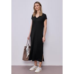 Midikleid Street One, Damen, Gr. 46, EURO-Gr&ouml;&szlig;en, schwarz, Stoff, 78% Viskose, 17% Polyester, 5% Elasthan, unifarben, normal wadenlang, V-Ausschnitt, abgesteppt, Kleider Midikleid, soft und trageangenehm