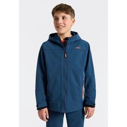 Softshelljacke CMP "KID SOFTSHELL JACKET FIX HOOD", Jungen, Gr. 164, midnight, Softshell, Obermaterial: 96% Polyester, 4% Elasthan. Innenseite: 100% Polyester, hoch geschlossener Ausschnitt, eingesetzt,mit &Auml;rmeleinsatz angesetztes B&uuml;ndchen mit Klettverschluss,verstellbar, Jacken Softshelljacke, mit Clima Protect Membran, wasserabweisend, atmungsaktiv