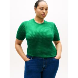 Rundhalspullover Tommy Hilfiger Curve "CRV CO CABLE FINE GG CNK S/S SWT", Damen, Gr. 50, courtside gr&uuml;n, Strick, Obermaterial: 100% Baumwolle, Zopfmuster, regular fit normal, Rundhals, Rippb&uuml;ndchen, Pullover Rundhalspullover, in gro&szlig;en Gr&ouml;&szlig;en, mit Zopfmuster