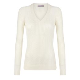 V-Ausschnitt-Pullover FELIX HARDY "Kabelstrick-Pullover mit V-Ausschnitt", Damen, Gr. L, ecru, 100% Baumwolle, Pullover