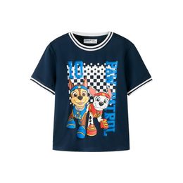 T-Shirt name it "NMMMARGO PAW SS NREG POLY TOP CPLG", M&auml;dchen, Gr. 122/128, navy blazer, Jersey, Obermaterial: 100% Polyester, bedruckt, kontrastfarbene Details, unifarben, normal normal, Rundhals, B&uuml;ndchen kontrastfarben, Shirts T-Shirt
