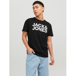 Jack & Jones Rundhalsshirt JACK & JONES "JJECORP mit Logo-Print und klassischem Rundhals", Herren, Gr. L, schwarz, Single Jersey, Obermaterial: 100% Baumwolle, bedruckt, regular fit normal, Rundhals, Shirts Rundhalsshirt, Baumwolle, regular fit