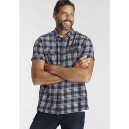 MAN'S WORLD Kurzarmhemd MAN'S WORLD, Herren, Gr. 5XL (51/52), N-Gr, blau (blau, orange), Web, Obermaterial: 100% Baumwolle, kariert, bequem, Hemden, mit kleinem Brustprint
