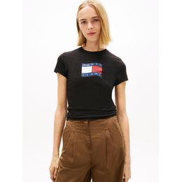 T-Shirt Tommy Jeans "TJW SLIM WAVY FLAG TEE EXT", Damen, Gr. L (40), schwarz, Single Jersey, Obermaterial: 100% Baumwolle, bedruckt, slim fit h&uuml;ftlang, Rundhals, abgesteppte Kante, Shirts T-Shirt, mit Rundhalsausschnitt