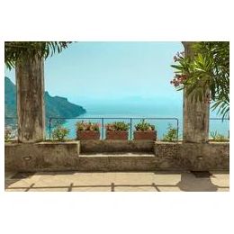 Fototapete papermoon "PERGOLA-TERRASSE STRAND KLIPPEN K&Uuml;STE BLUMEN GEBIRGE", bunt, B:3,5m L:2,6m, Vlies, Tapeten
