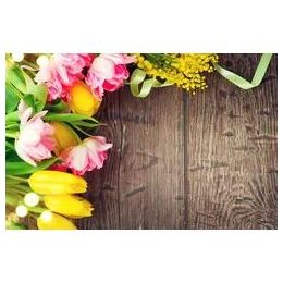 Fototapete papermoon "HOLZ-WAND-BLUMEN DEKOR TULPEN MIMOSEN ABSTRAKT FANTASIE", bunt, B:4,5m L:2,8m, Vlies, Tapeten