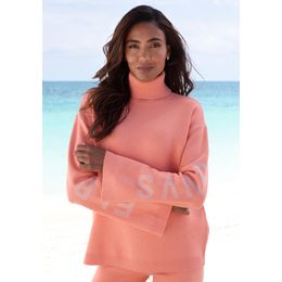 Rollkragenpullover ELBSAND, Damen, Gr. 40/42, orange (aprikose), Strick, Obermaterial: 50% Viskose, 28% Polyester, 22% Nylon, meliert, unifarben, h&uuml;ftlang, Rippstrickb&uuml;ndchen, Pullover Rollkragenpullover, aus hochwertigem Strick mit eingestricktem Logo, Loungewear