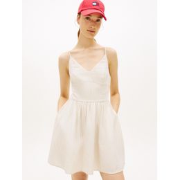 Minikleid Tommy Jeans "TJW LINEN SKATER DRESS", Damen, Gr. L (40), N-Gr, wei&szlig; clay, stripe, Web, Obermaterial: 55% Leinen, 45% Viskose, gestreift, slim fit kurz, V-Ausschnitt, Kleider Minikleid, in Extra Slim Fit, Leinen-Mix