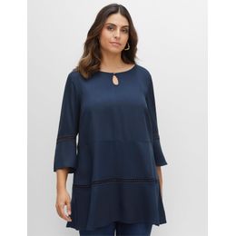 Longbluse sheego, Damen, Gr. 56, blau (nachtblau), 100% Viskose, unifarben, Rundhals, Blusen Longbluse