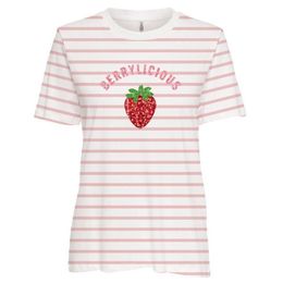Kurzarmshirt Only "ONLKITA S/S TEE JRS NOOS", Damen, Gr. XS, cloud dancer stripes:rosy touch, sequin strawberry, Jersey, Obermaterial: 100% Baumwolle, gestreift, regular fit normal, Rundhals, Shirts, Baumwolle, regular fit