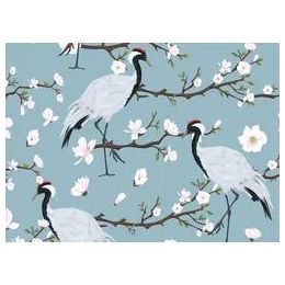 Livingwalls Fototapete LIVING WALLS "Designwalls Japanese Cranes", bunt (blau, grau, rosa), B:3,5m L:2,55m, Vlies, Tapeten, Vlies, Wand, Schr&auml;ge, Decke