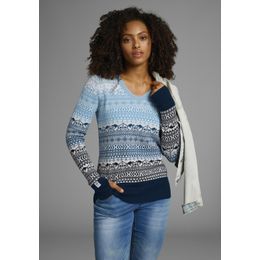 Jacquardpullover Kangaroos, Damen, Gr. 32/34, blau (marine, hellblau), Feinstrick, Obermaterial: 50% Baumwolle, 50% Polyacryl, Jacquardmuster, figurbetont h&uuml;ftlang, V-Ausschnitt, Rippb&uuml;ndchen mit Daumenl&ouml;chern, Pullover Norwegerpullover Weihnachtspullover Rundhalspullover Strickpullover Pullover V-Pullover, im Norweger-Muster mit kleinen K&auml;ngurus
