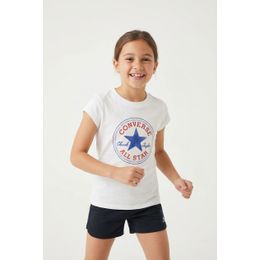 T-Shirt Converse "CNVG TIMELS CHUCK PATCH TEE", M&auml;dchen, Gr. 152/158 (XL), wei&szlig;, Stoff, Obermaterial: 100% Baumwolle, bedruckt, normal, Rundhals, eingesetzt abgesteppt, Shirts T-Shirt, f&uuml;r Kinder, sportlicher Stil, Rundhalsausschnitt