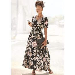 Lascana Maxikleid 'mit Blumendruck und V-Ausschnitt aus Webware' schwarz Gr. 36 f&uuml;r Damen. V-Ausschnitt und Allover-Druck. Figurumspielend. Nachhaltig