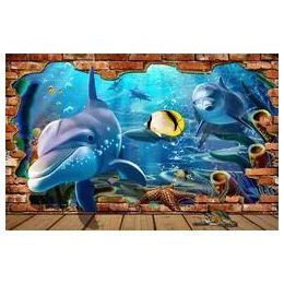 Fototapete papermoon "3D DESIGN Delfine im Meer", bunt, B:4m L:2,6m, Vlies, Tapeten