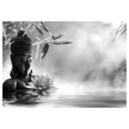 Fototapete papermoon "Buddah Figur mit Blume Schwarz & Wei&szlig;", schwarz (schwarz, wei&szlig;), B:4m L:2,6m, Vlies, Tapeten
