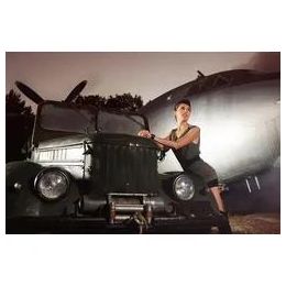 Fototapete papermoon "JEEP-FLUGZEUG VINTAGE RETRO AUTO OLDTIMER MODEL USA", bunt, B:3,5m L:2,6m, Vlies, Tapeten