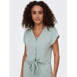 Kurzarmbluse Only "ONLSIESTA SS KNOT LIN BL SHIRT PNT NOOS", Damen, Gr. XS, abyss, Web, Obermaterial: 80% Viskose, 20% Leinen, unifarben, regular fit kurz, V-Ausschnitt, Blusen, Viskosemischung, regular fit